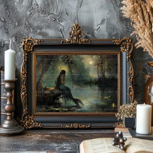 Mermaid Art Print Moonlit Forest Lake Enchanted Water Fantasy Wall ...