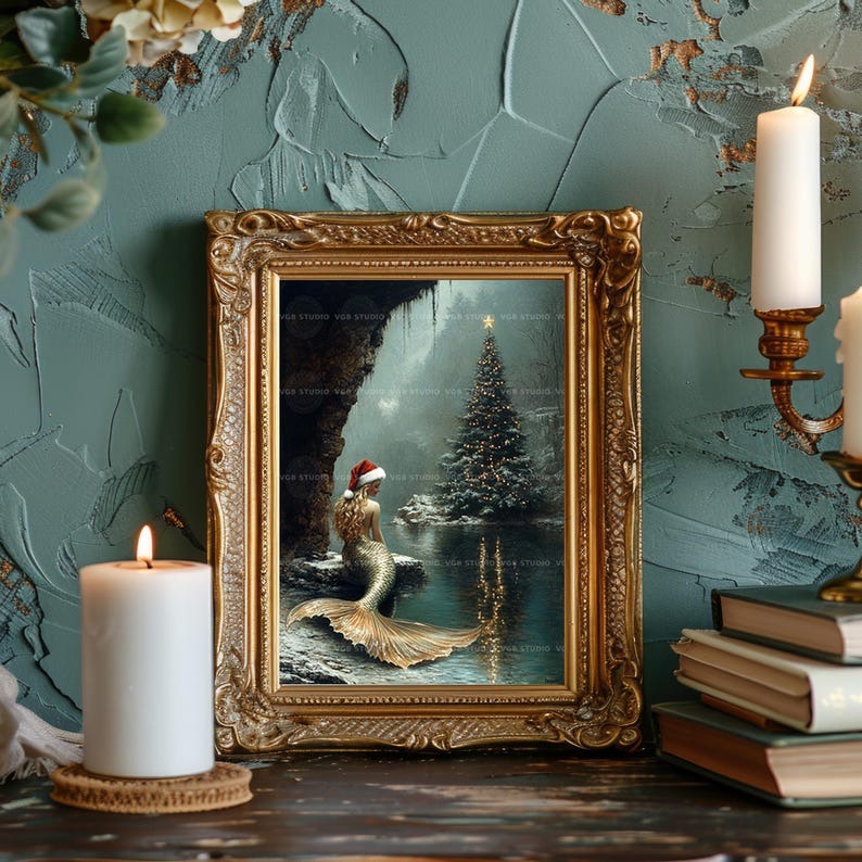 Christmas Mermaid Art Print Fantasy Holiday Wall Decor Whimsical Winter ...