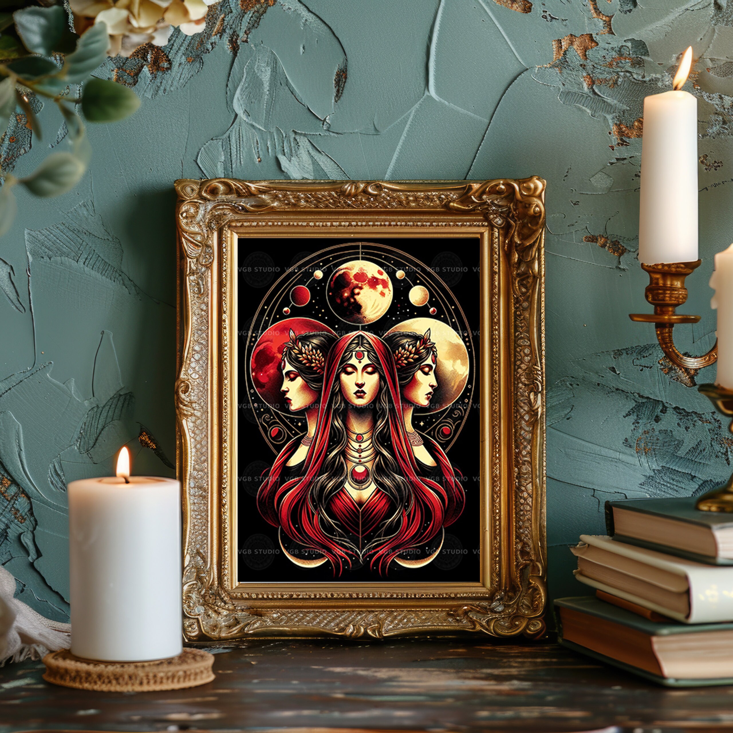 Hecate Triple Goddess Art Print | Greek Moon Deity Painting Red and ...