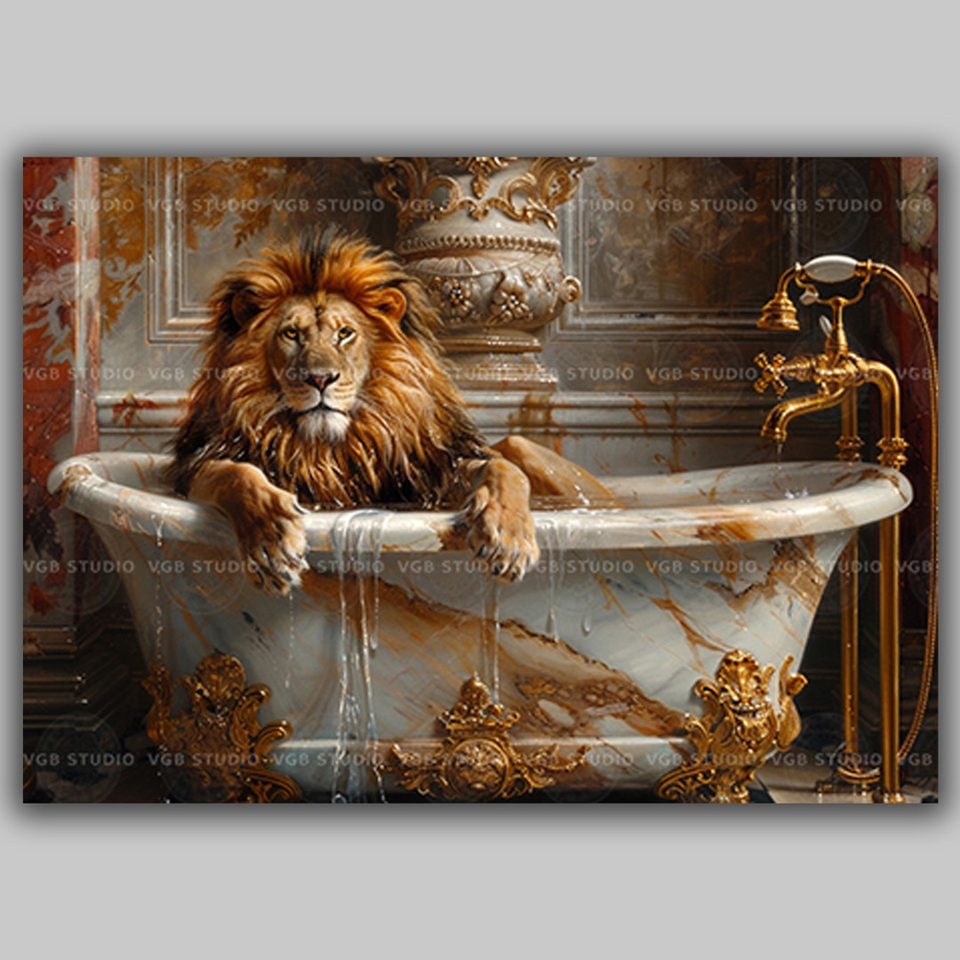 Lion Bath Victorian Bathtub, Bathroom Whimsical Fine Art Print, Big ...