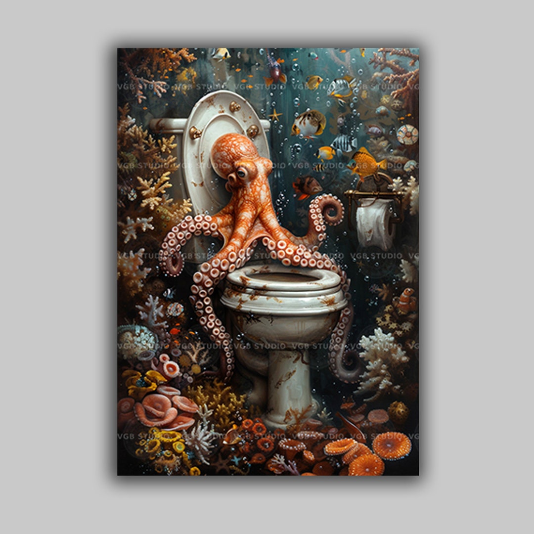Funny Octopus Underwater Bathroom Art Print Sitting on Toilet Reading ...