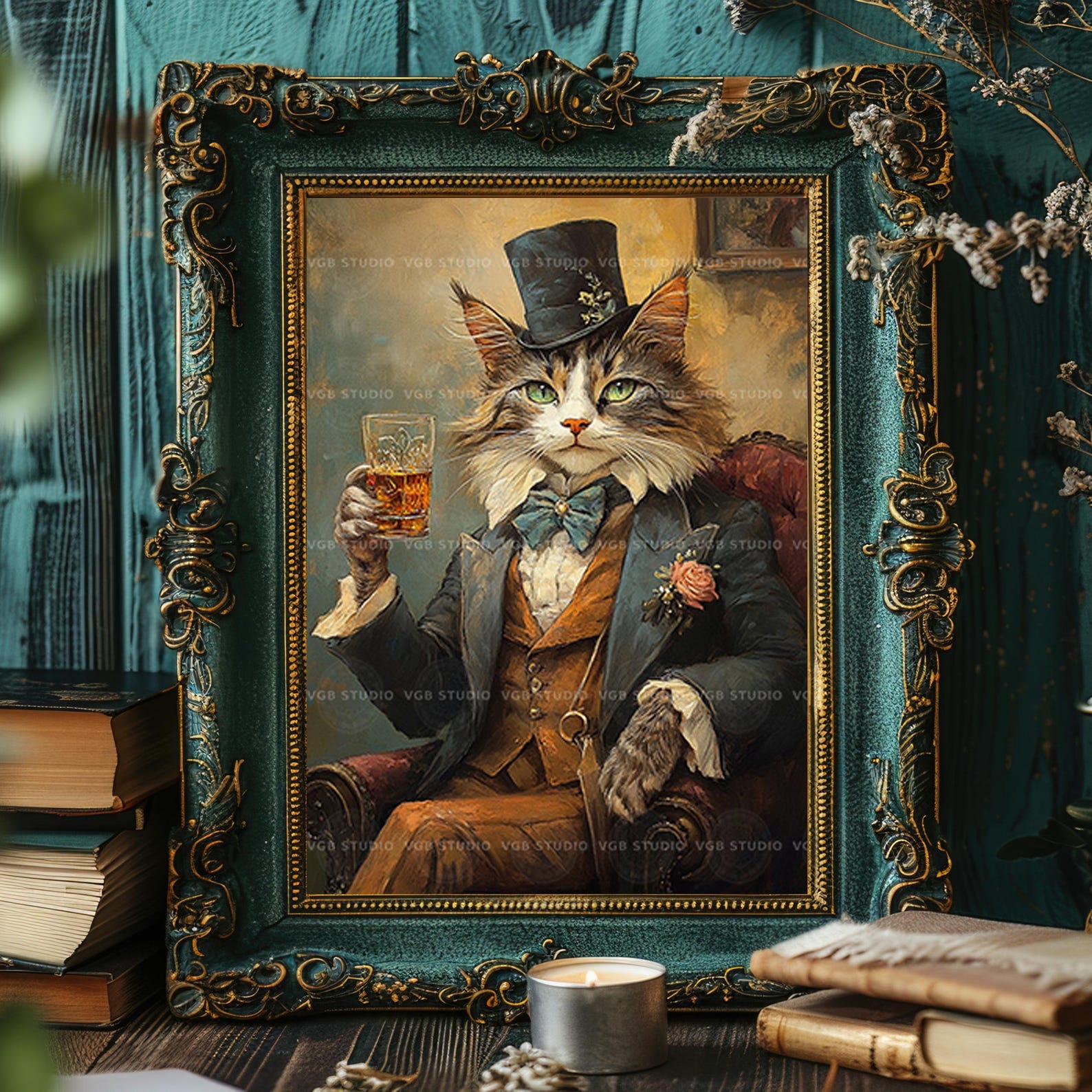 Victorian Cat Art Print Whimsical Animal Portrait Dapper Cat With Drink ...