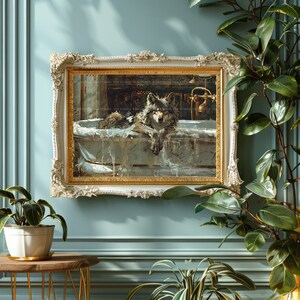 Wolf Bath Victorian Bathtub, Canine Bathroom Whimsical Fine Art Print ...