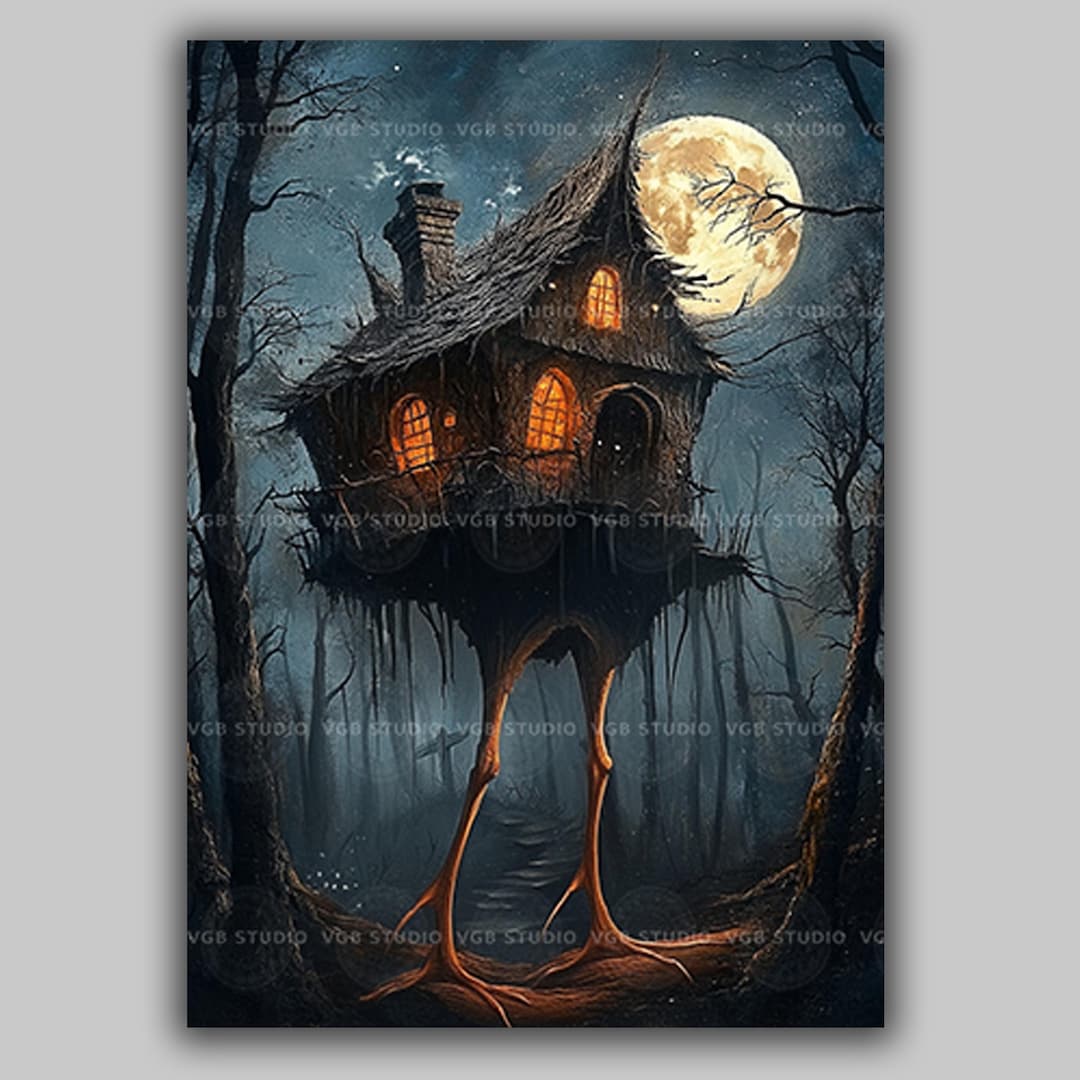 Baba Yaga Chicken Leg Hut Print Slavic Folklore Witch House Art Spooky Forest Decor Dark ...