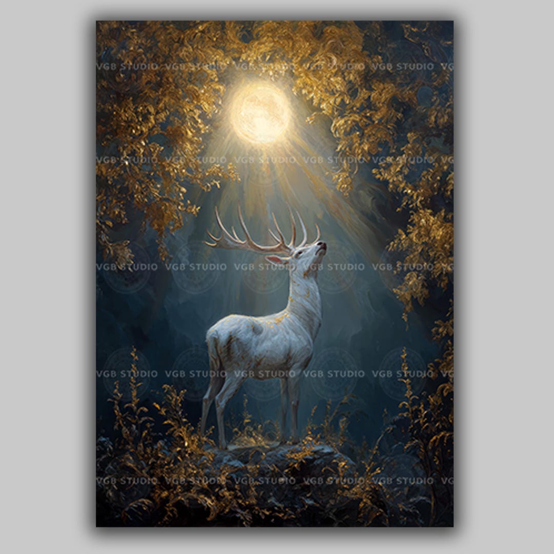 Celtic White Stag Art Print Mythical Deer of Otherworld Moonlight ...