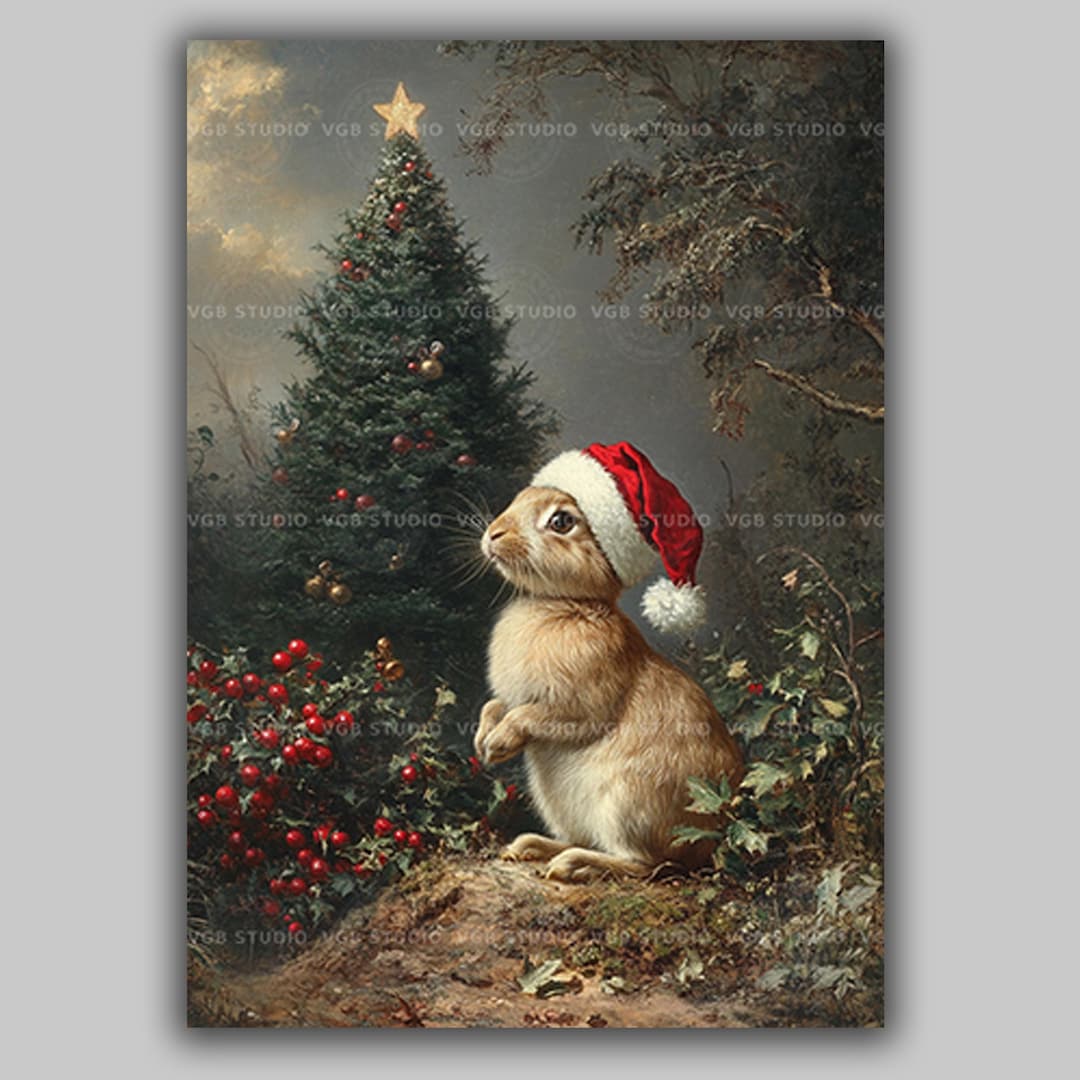 Festive Christmas Bunny Art Print, Whimsical Woodland Holiday Decor ...