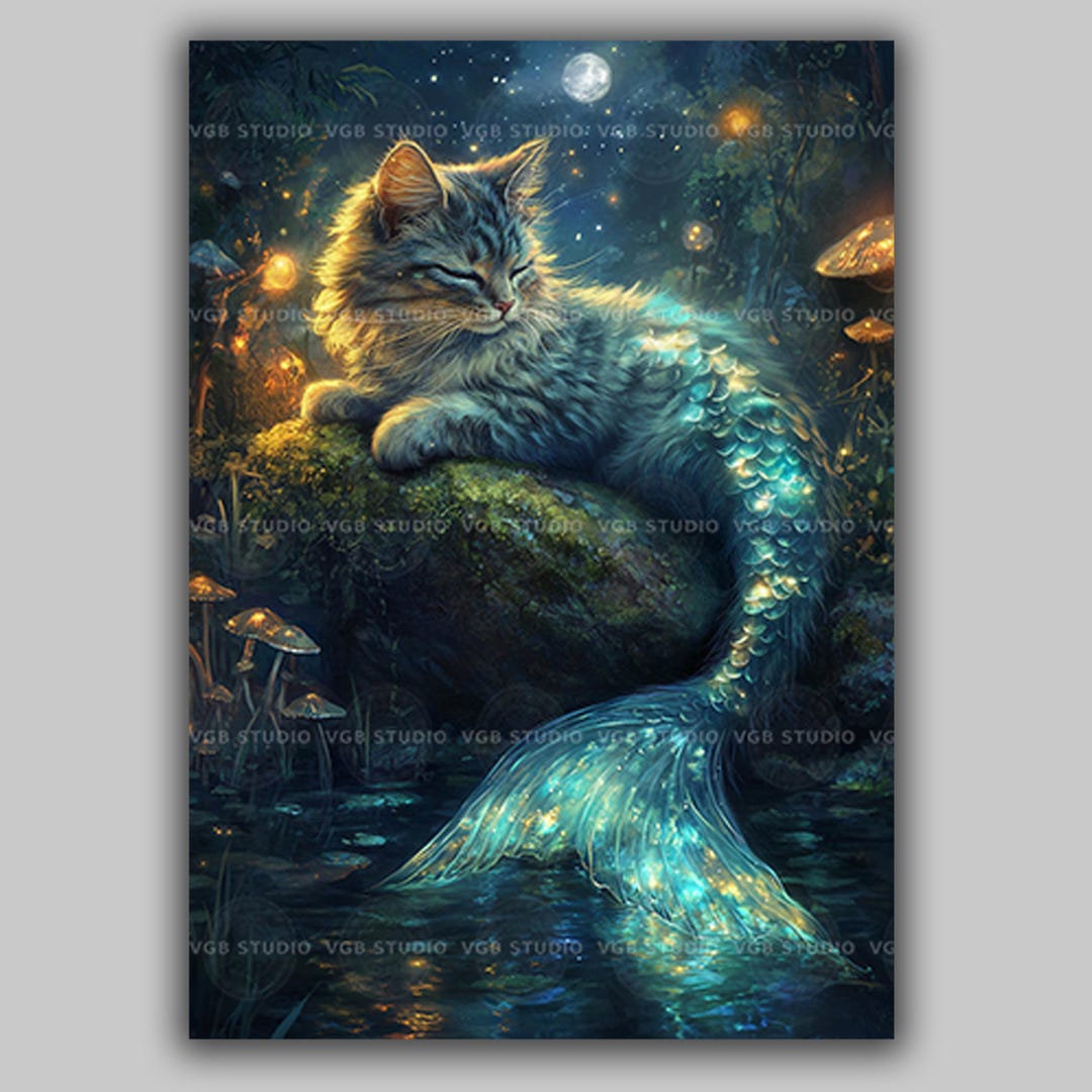Mermaid Cat Mystical Fantasy Wall Art Enchanting Moonlit Forest Magical ...