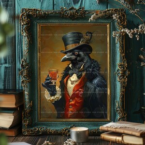 Crow Top Hat Raven Victorian Gentleman Having a Drink, Fancy Black Bird ...