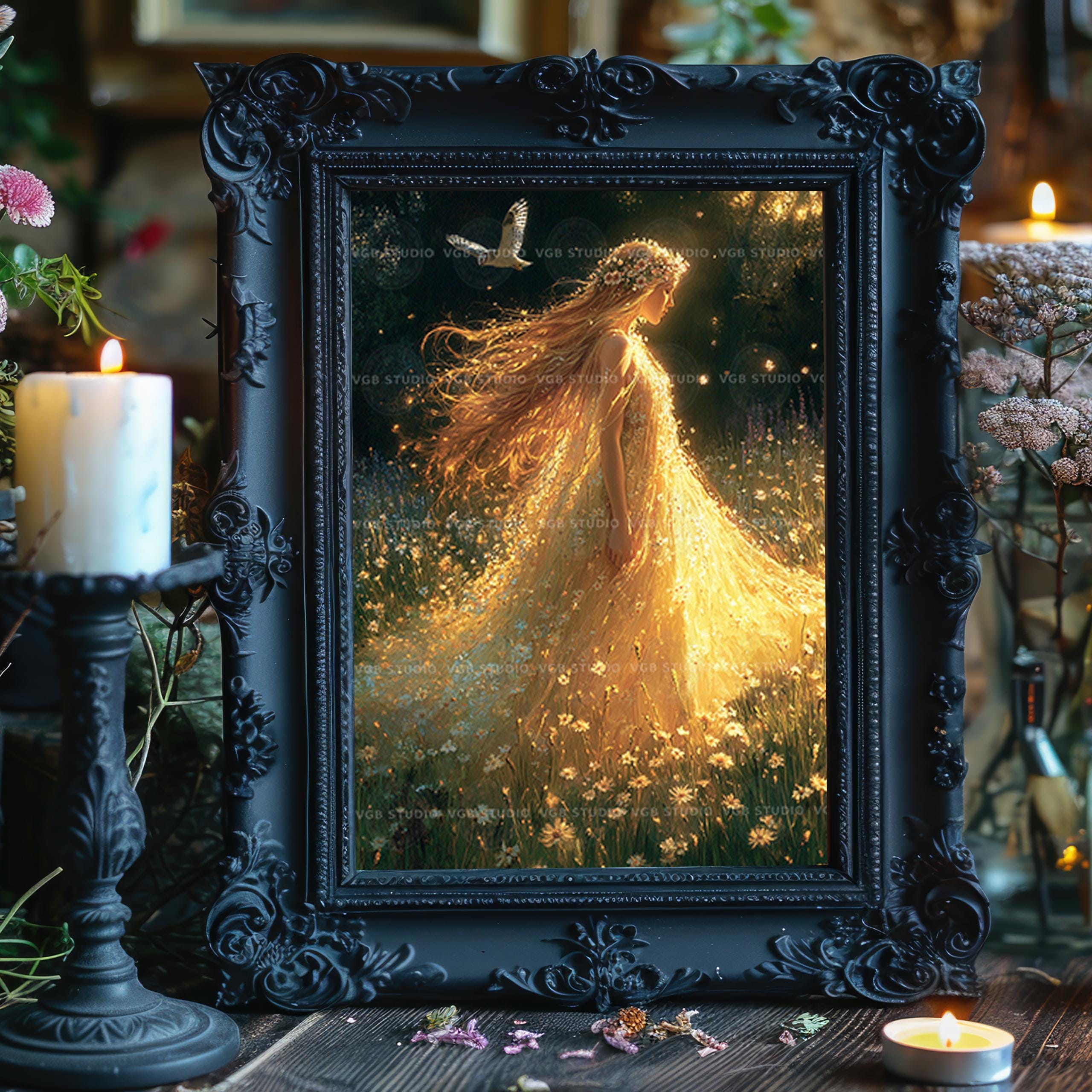 Blodeuwedd Welsh Goddess Art Print Flower Woman Owl Painting Golden ...