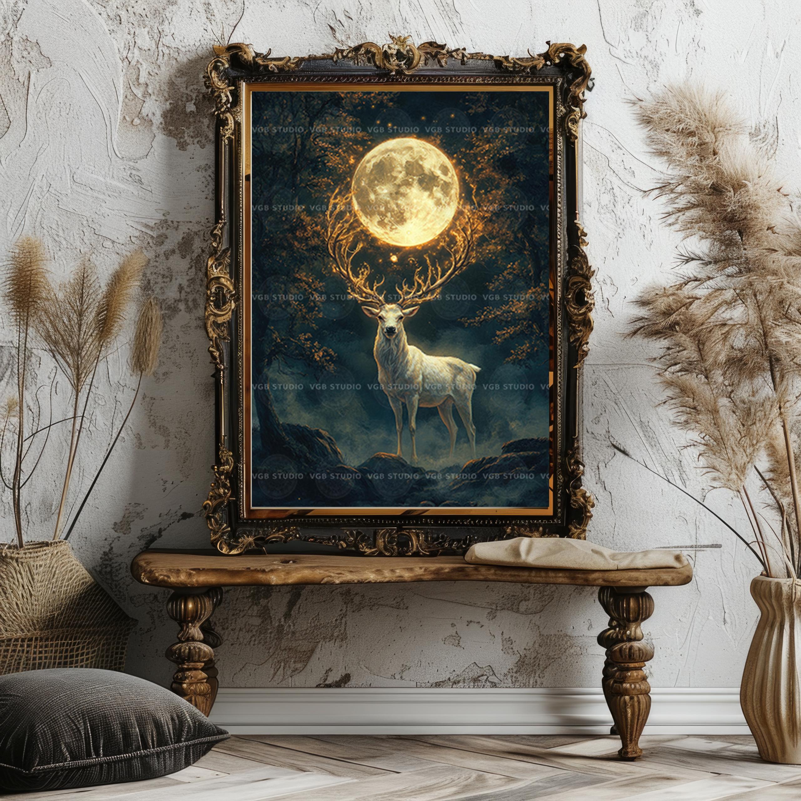 Celtic White Stag Art Print Mythical Deer Moonlit Forest Sacred Hunt ...