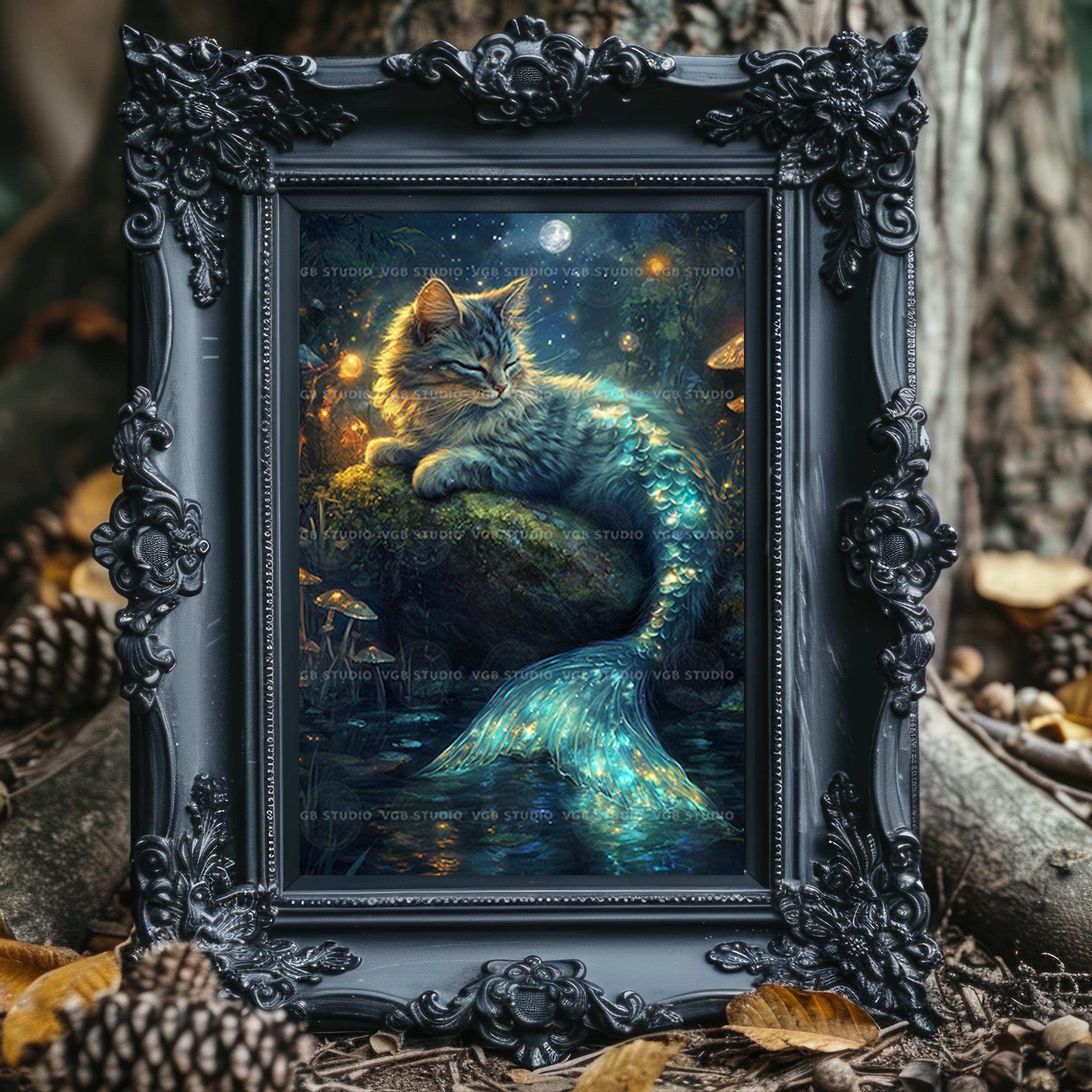 Mermaid Cat Mystical Fantasy Wall Art Enchanting Moonlit Forest Magical ...
