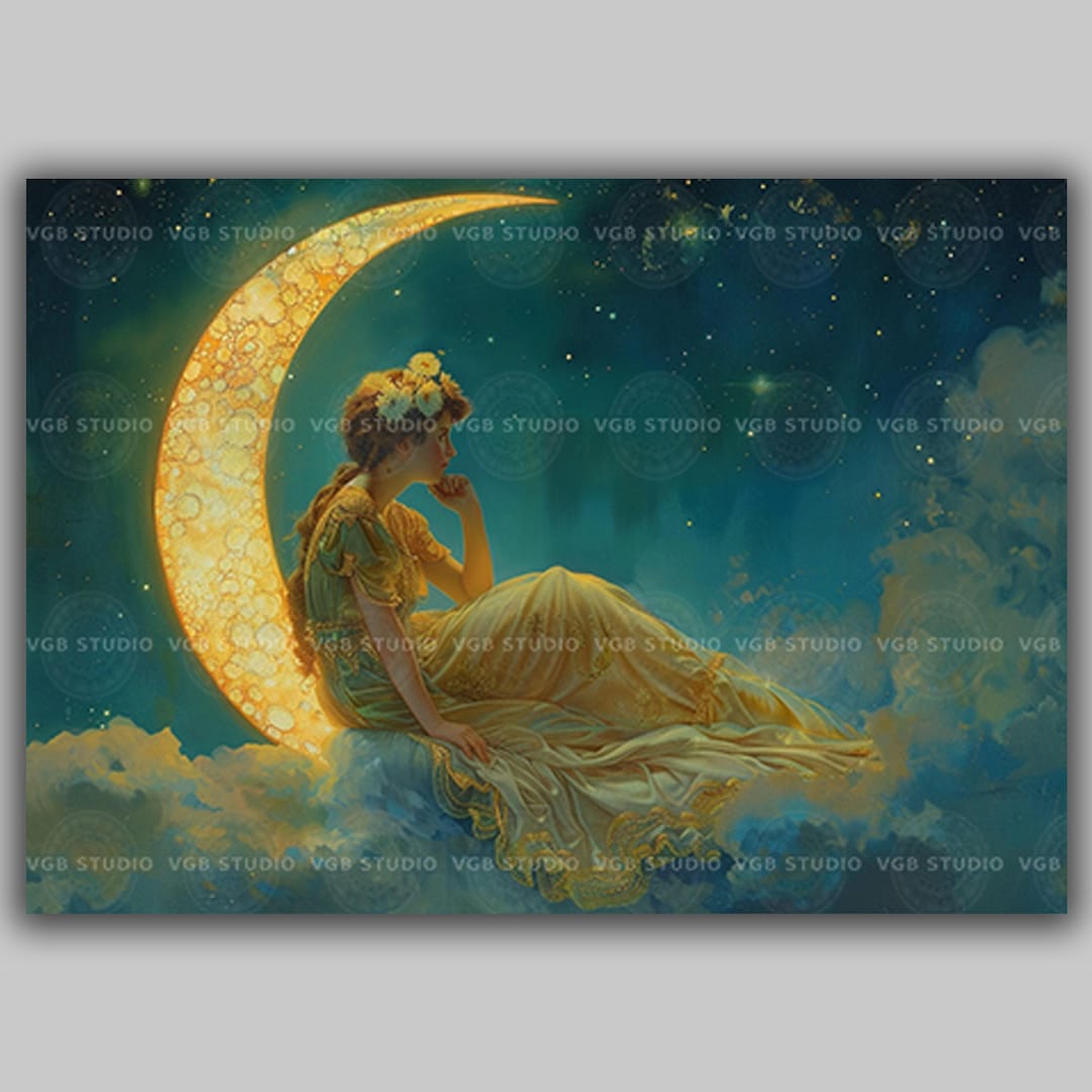 Moon Maiden Sitting on Crescent in Starry Sky, Celestial Fantasy Wall ...