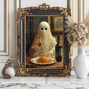 Ghost Dining With Wine and Pasta Art Print, Whimsical Haunted Dinner ...