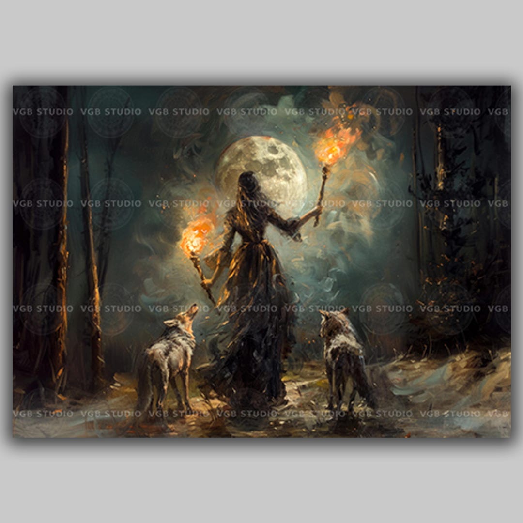 Hecate Goddess of Witchcraft Art Print With Torches and Wolves, Full ...