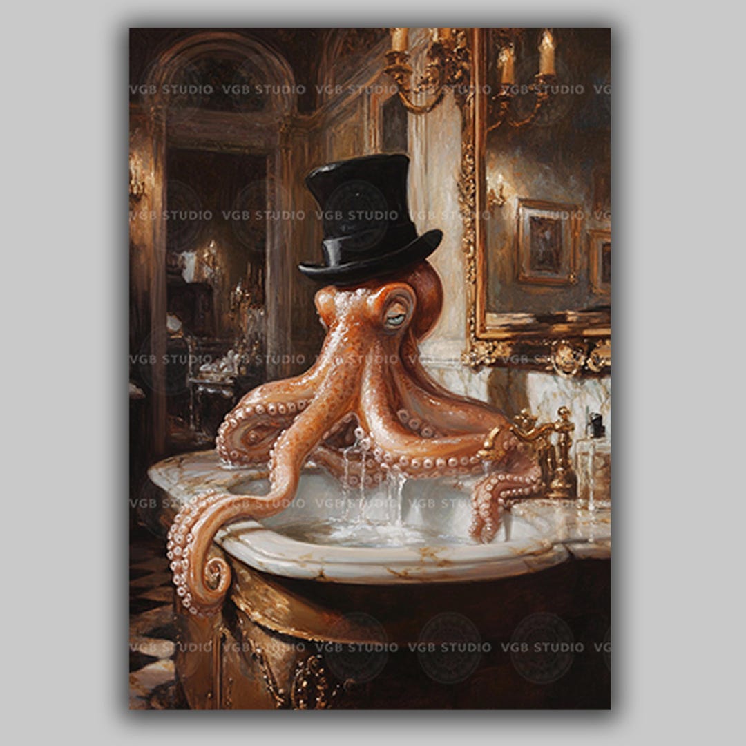 Octopus Art Print Gentleman Octopus Top Hat Bathtub Surreal Animal ...