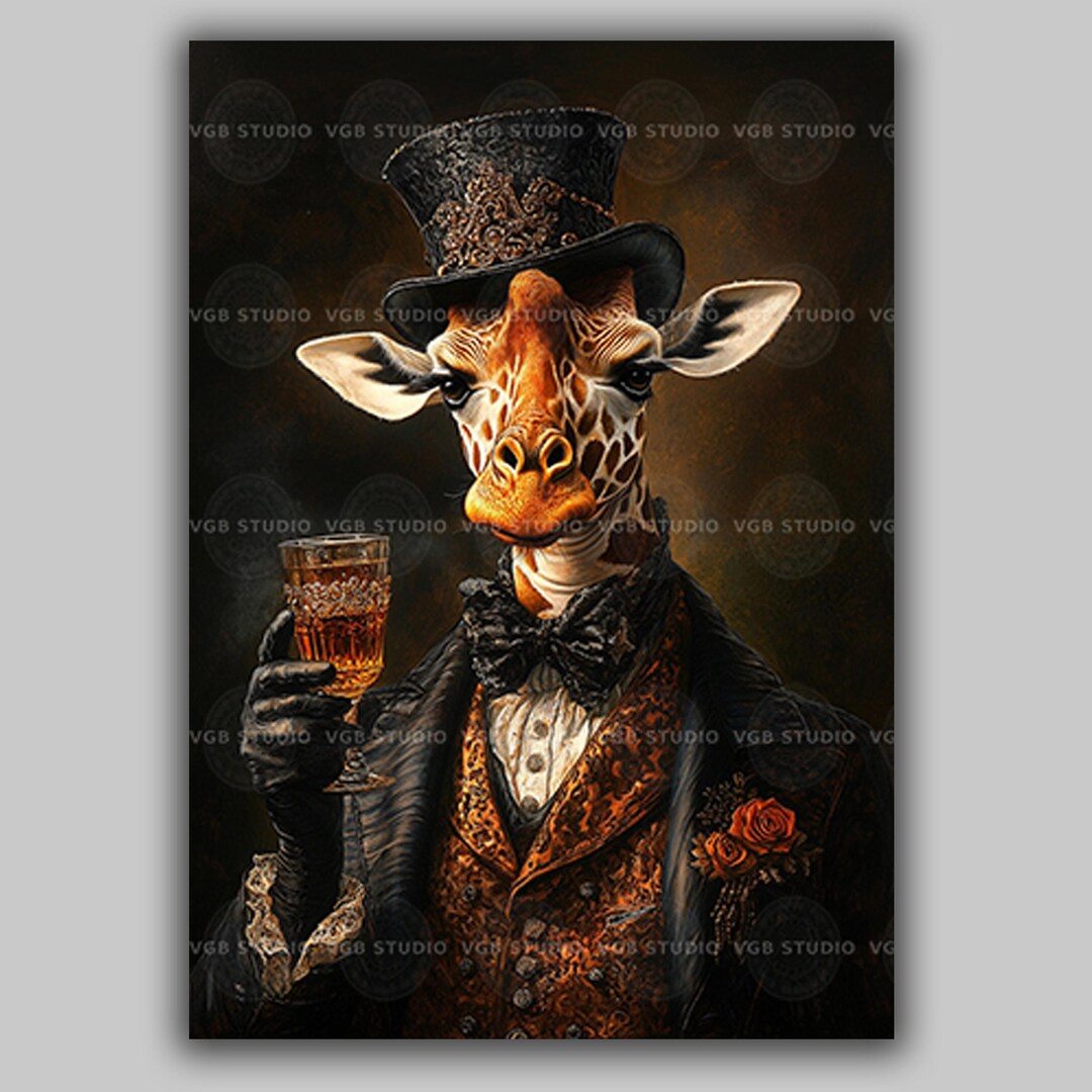 Giraffe Top Hat Victorian Gentleman Having a Drink, Fancy Whimsical ...