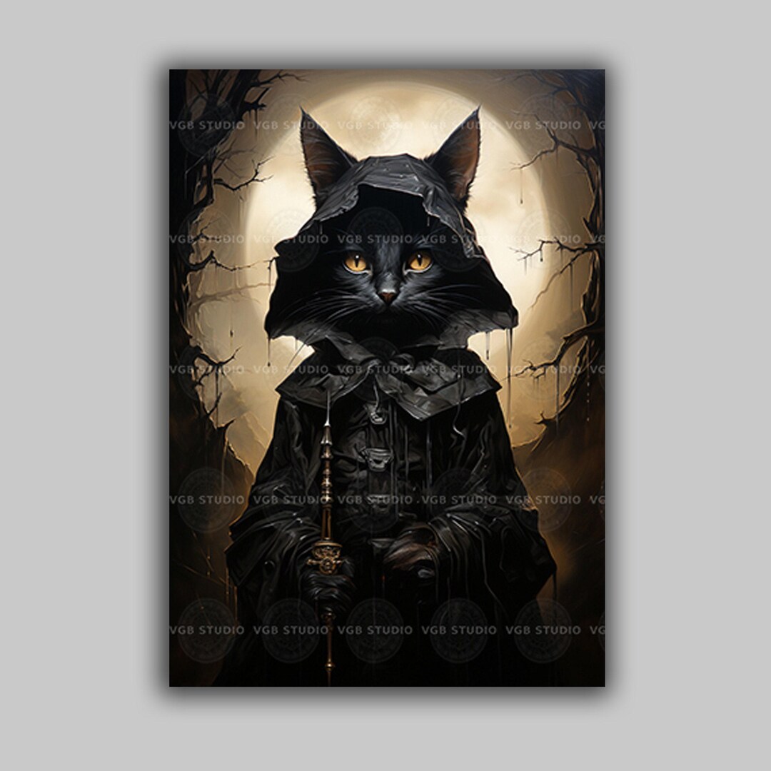 Black Cat Cloak Art Witchcore Halloween Wall Print Full Moon ...