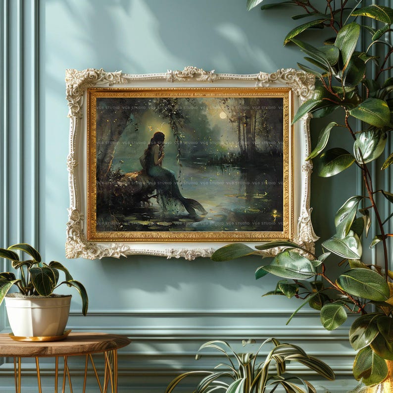 Mermaid Art Print Moonlit Forest Lake Enchanted Water Fantasy Wall ...