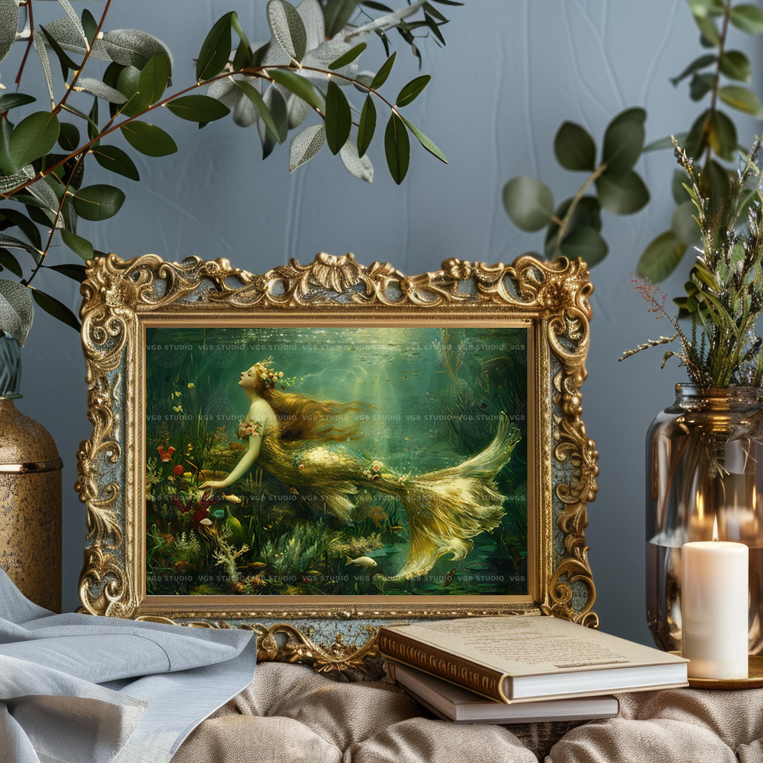 Golden Mermaid Swimming Under the Sea Coral Reef, Siren Whimsical ...