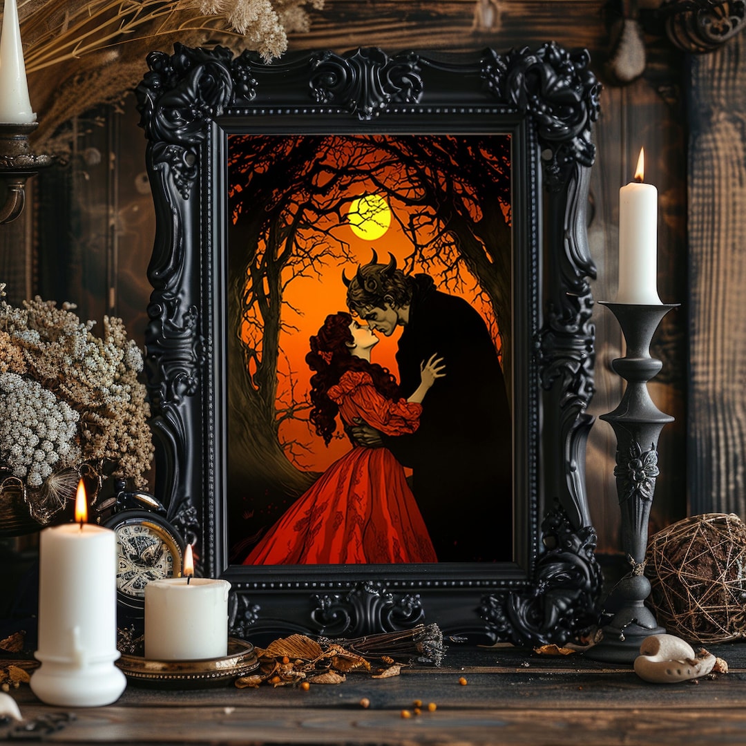 Woman Kissing Devil Gothic Romance Print, Devilish Allure Fiery Passion ...