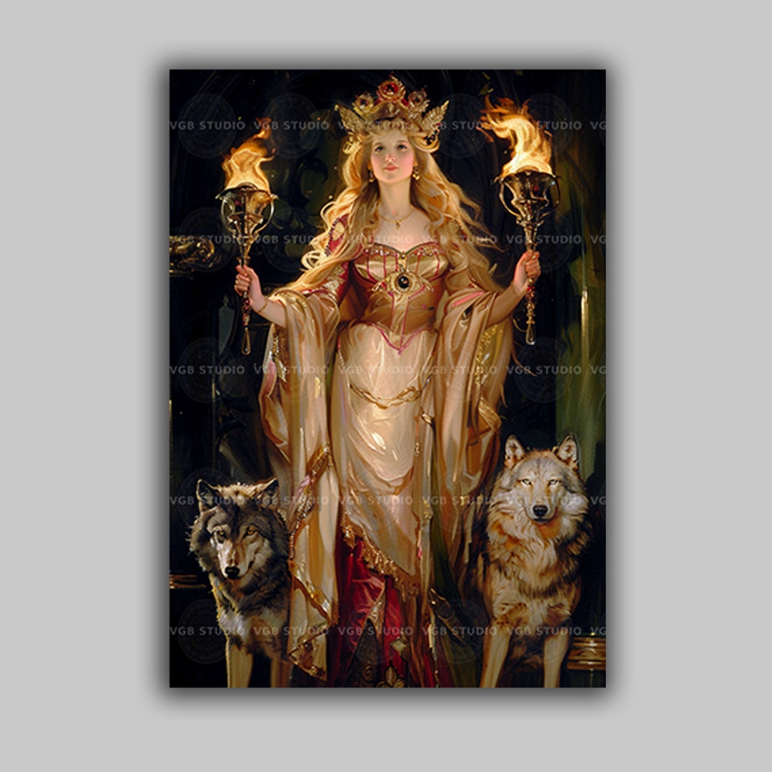 Hecate Regal Goddess Art Print, Golden Witch With Torches and Wolves ...