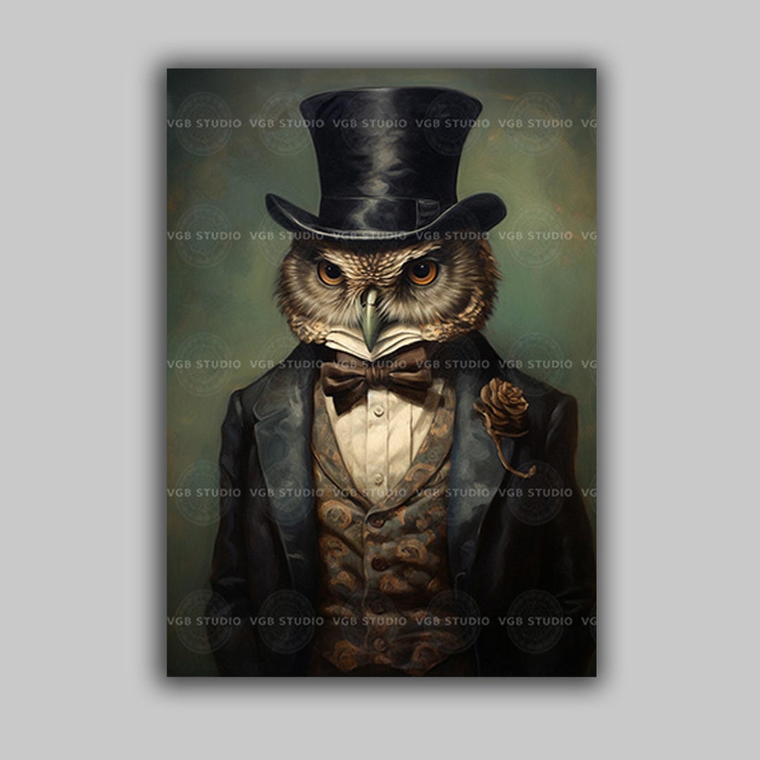 Owl Portrait With Rose Art Print | Victorian Gentleman Animal Wall ...