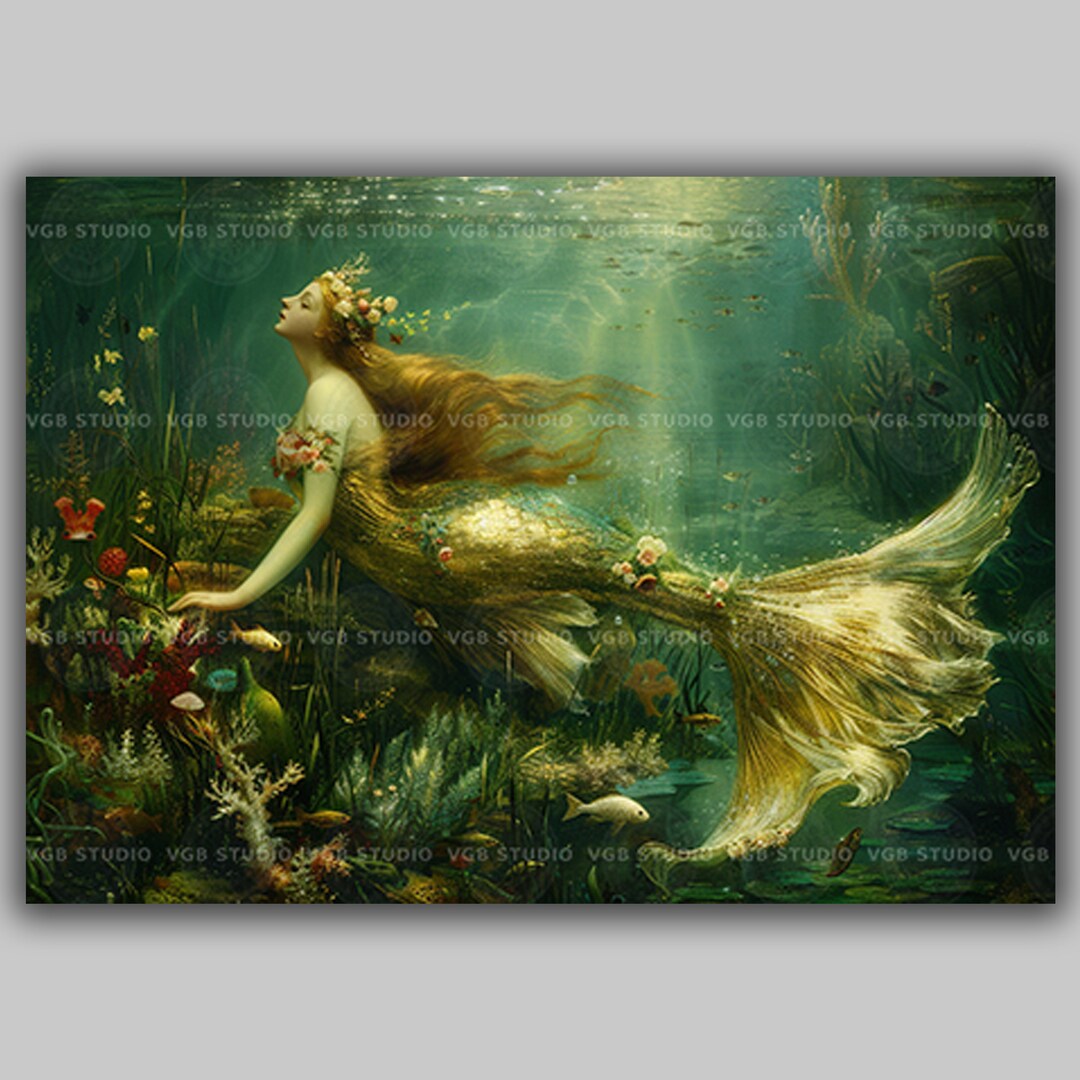 Golden Mermaid Swimming Under the Sea Coral Reef, Siren Whimsical ...