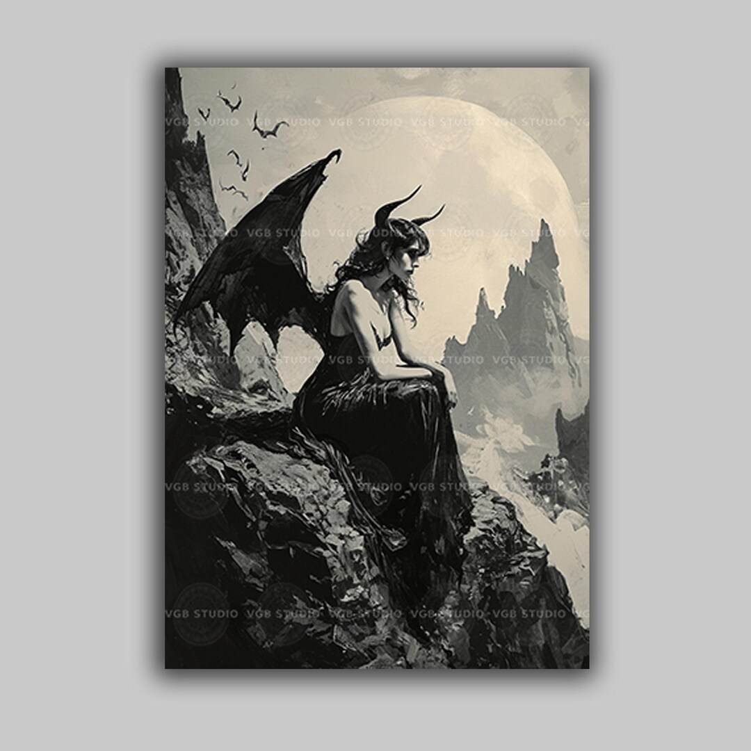 Gothic Lilith Dark Winged Woman Wall Art Print Fantasy Horned Female ...