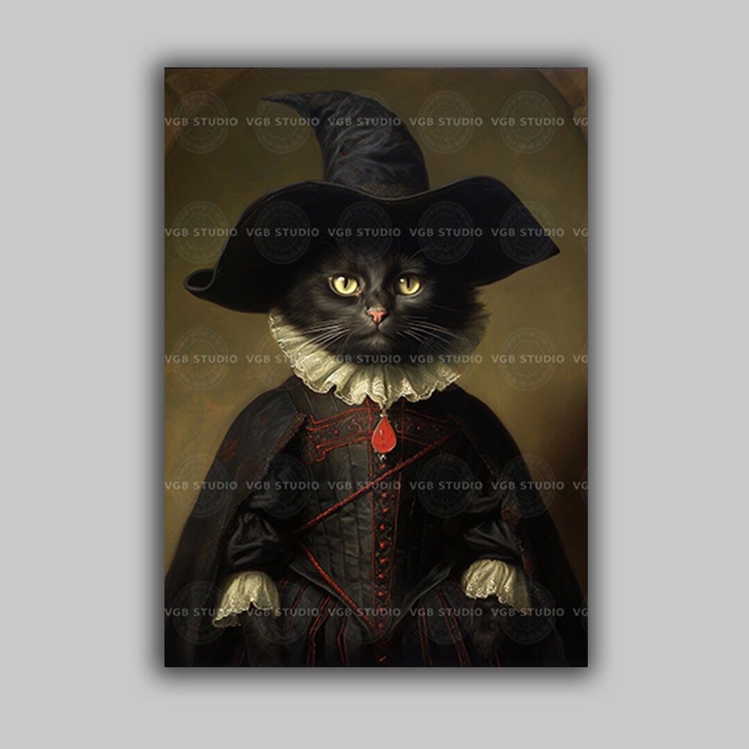 Witch Cat Art Print Black Cat in Witch Hat Gothic Pet Portrait ...