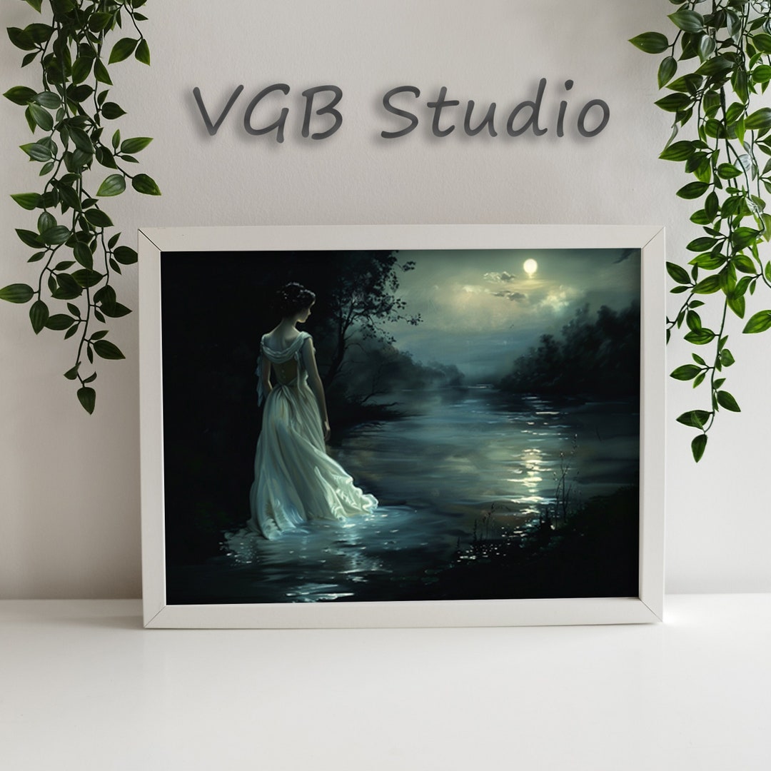 Gothic Woman Dark Lake Full Moon Melancholy, Lunar Art Print, Vintage ...