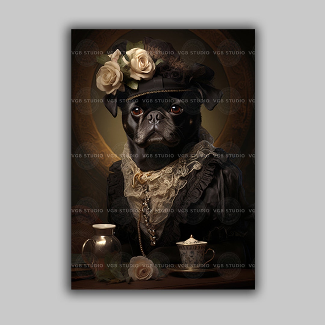 Gothic Black Pug Dog Victorian Lady Tea Party, Fine Art Giclee, Baroque ...