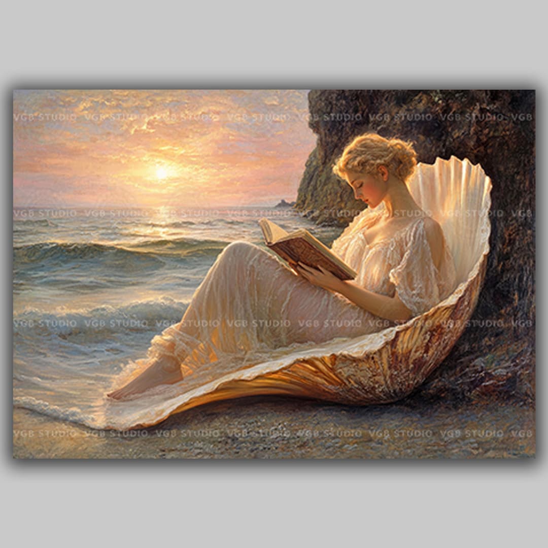 Aphrodite Reading Book Birth of Venus Myth Art, Sea Shore Greek Goddess ...