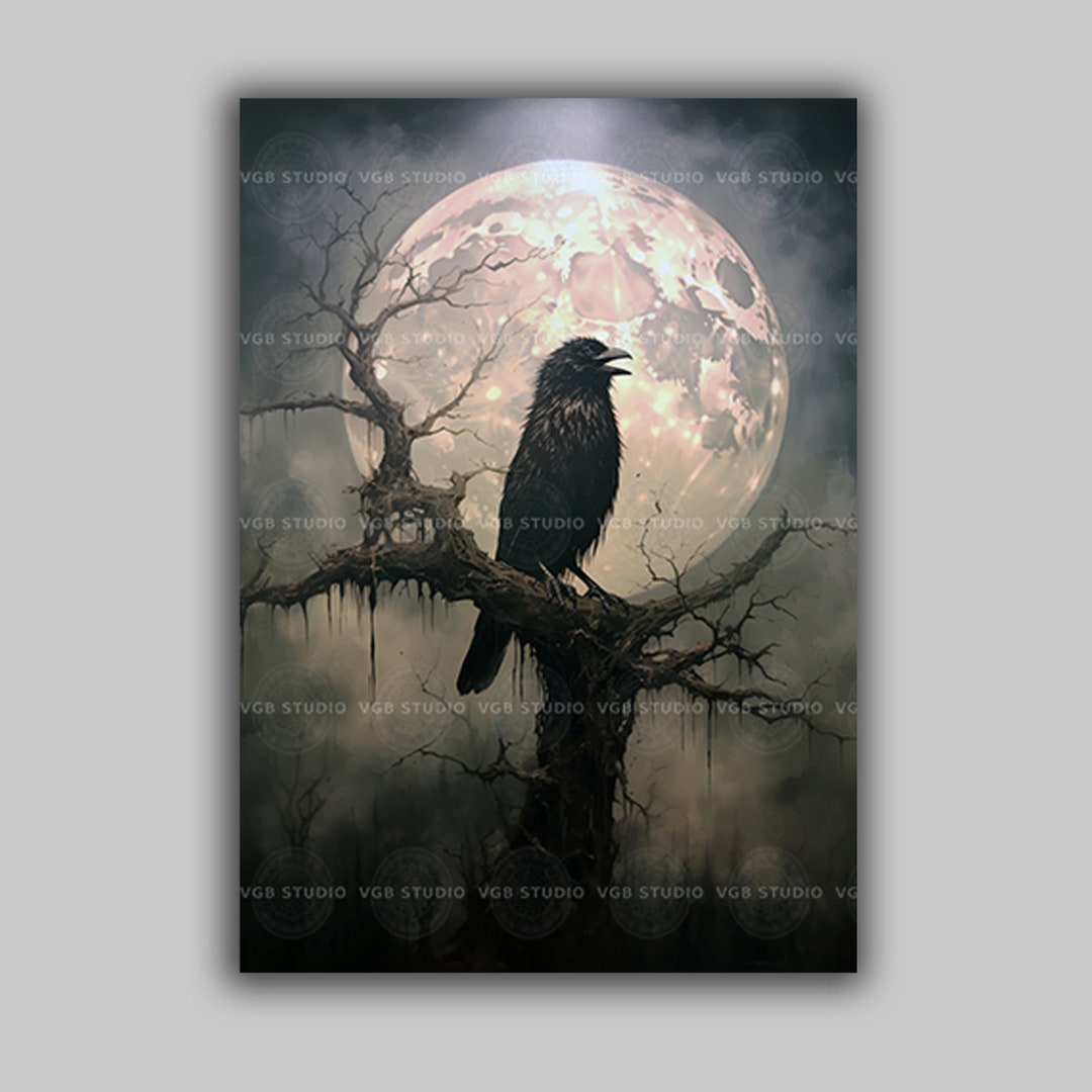 Raven Crow Full Moon Gothic Dark Forest Print, Dark Academy Art ...