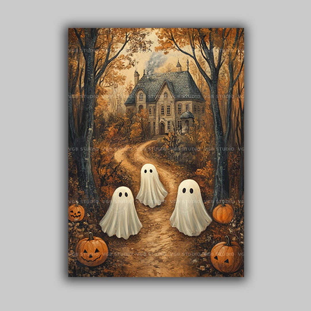 Cute Halloween Ghost Art Print With Pumpkins Fall Haunted House Wall ...