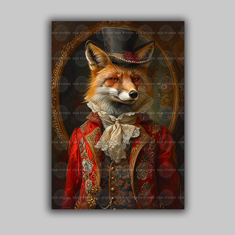 Victorian Fox Portrait Art Print Regal Animal Wall Decor Whimsical Red ...