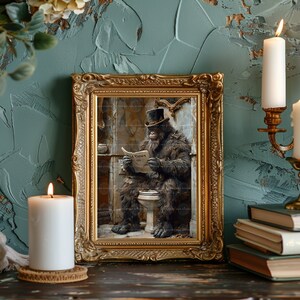 Bigfoot Reading Newspaper on Toilet Print, Sasquatch Top Hat Gentleman ...
