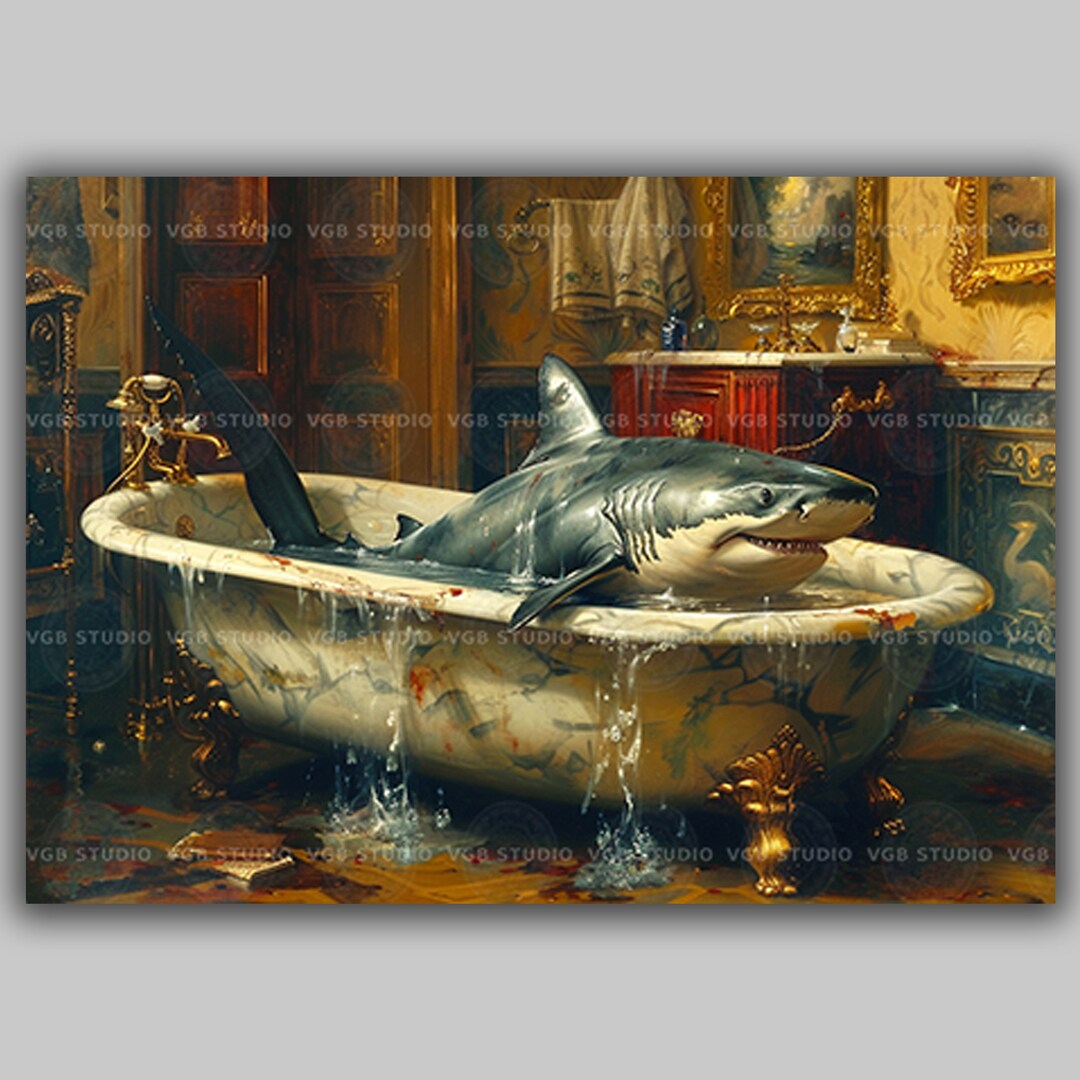 Shark Taking a Bath in Victorian Bathtub, Animal Baroque Poster, Marine ...