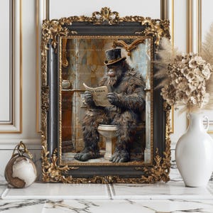 Bigfoot Reading Newspaper on Toilet Print, Sasquatch Top Hat Gentleman ...