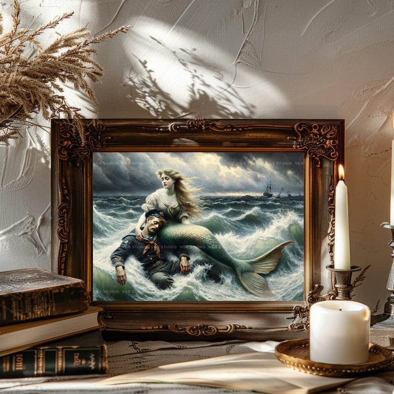 Mermaid Rescuing Sailor Art Print | Victorian Ocean Storm Wall Decor ...