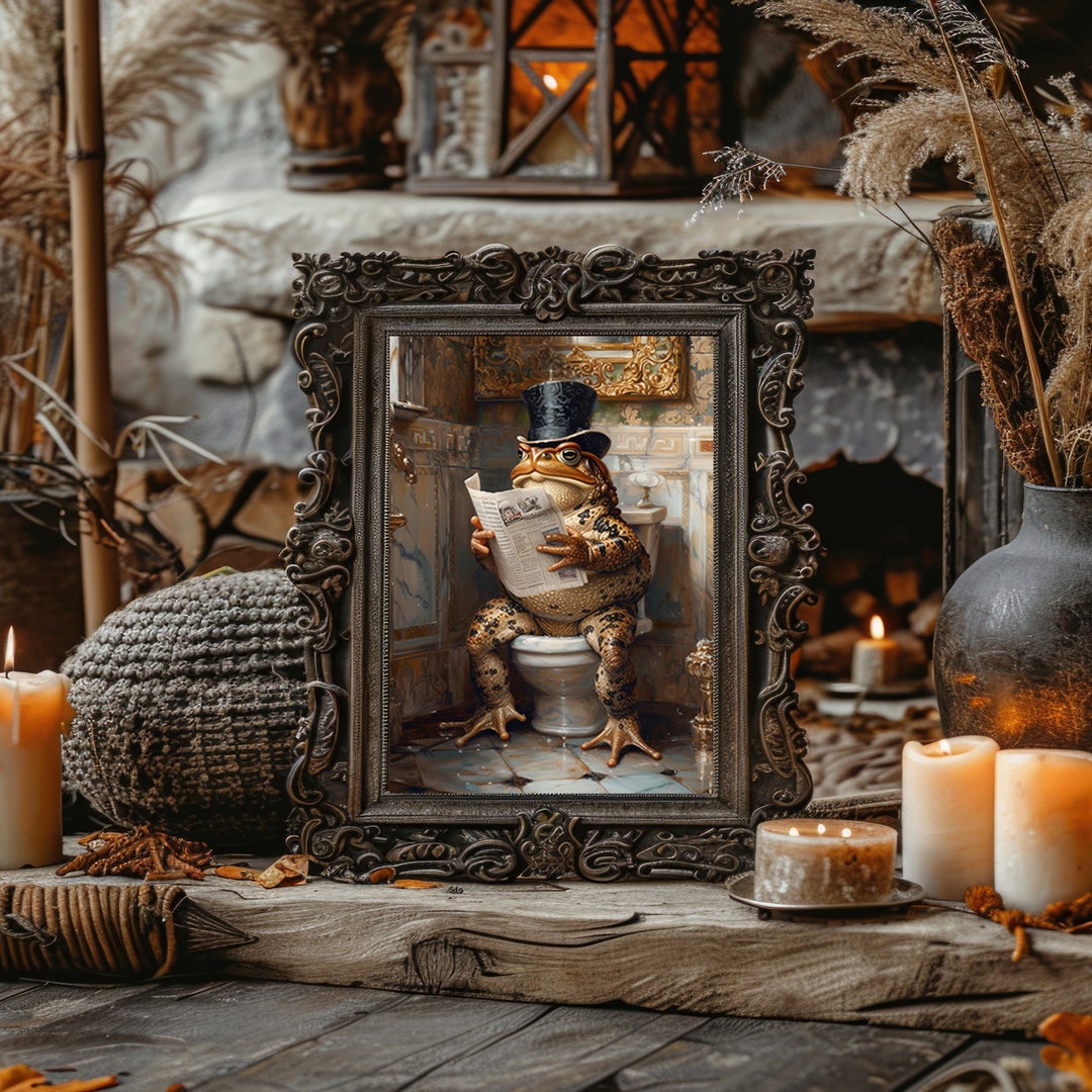 Frog Toad Gentleman Reading Newspaper on Royal Toilet Whimsical Fine ...