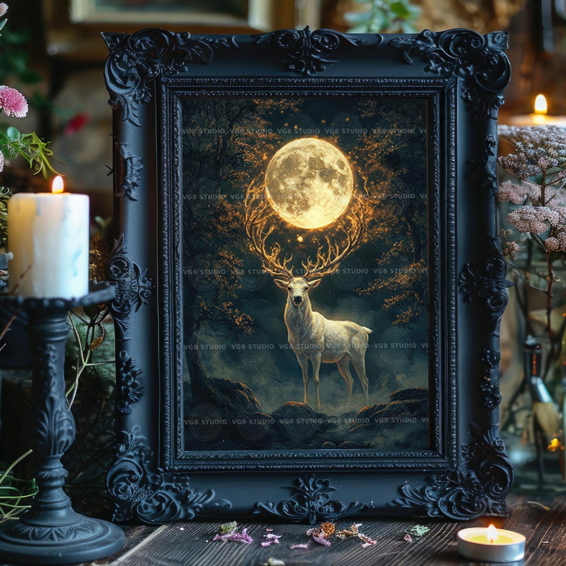 Celtic White Stag Art Print Mythical Deer Moonlit Forest Sacred Hunt ...