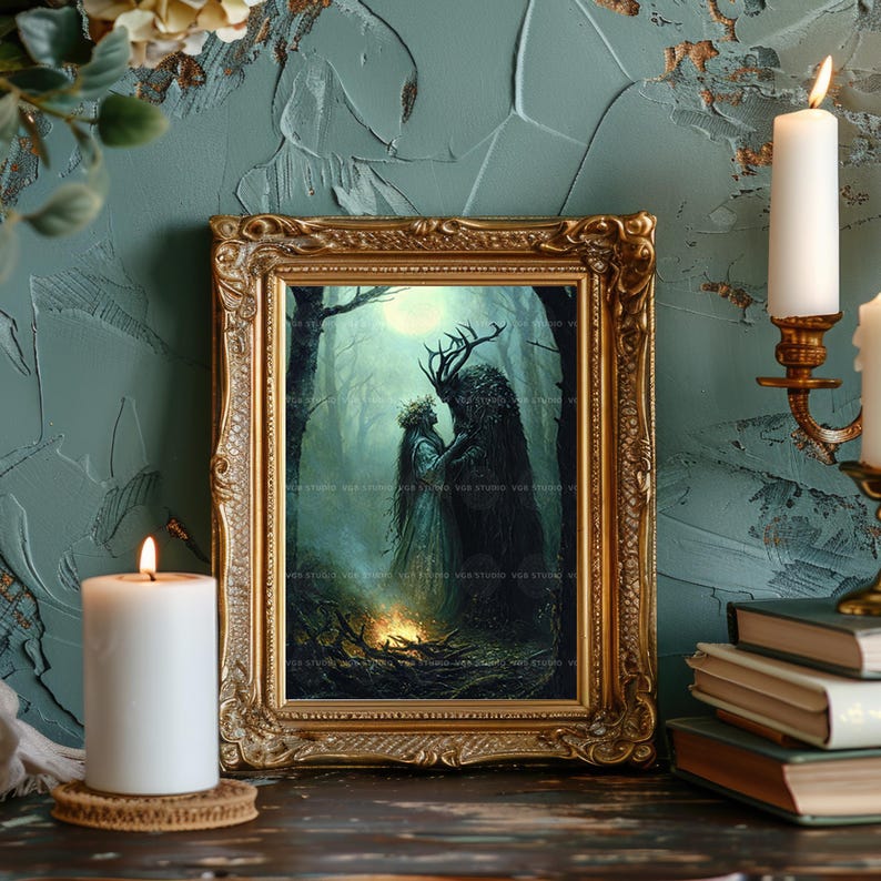 Beltane May Queen and Horned God Art Print Pagan Wheel of Year Forest ...