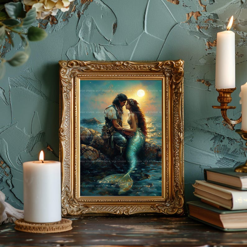 Mermaid and Pirate Wall Art Romantic Fantasy Ocean Print Moonlit Love ...