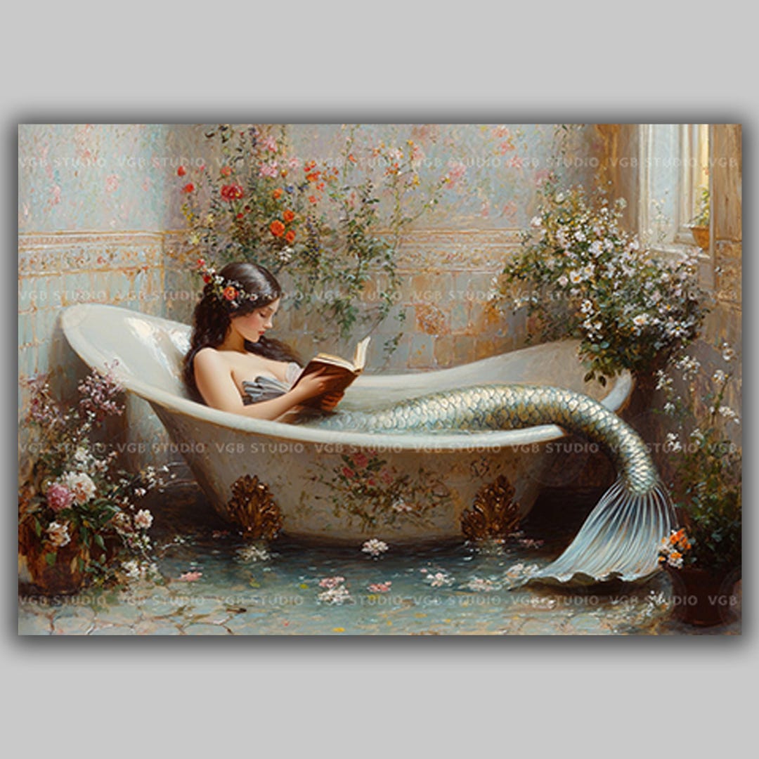 Reading Mermaid Art Print Romantic Bathroom Decor Whimsical Siren in ...