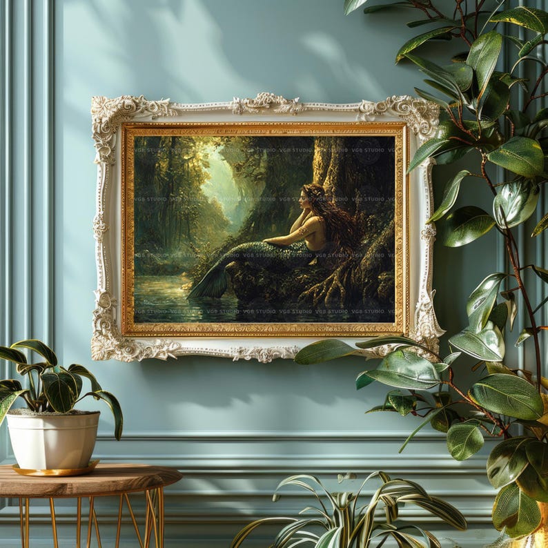 Enchanted Forest Mermaid Art Print Serene River Fantasy Wall Decor ...