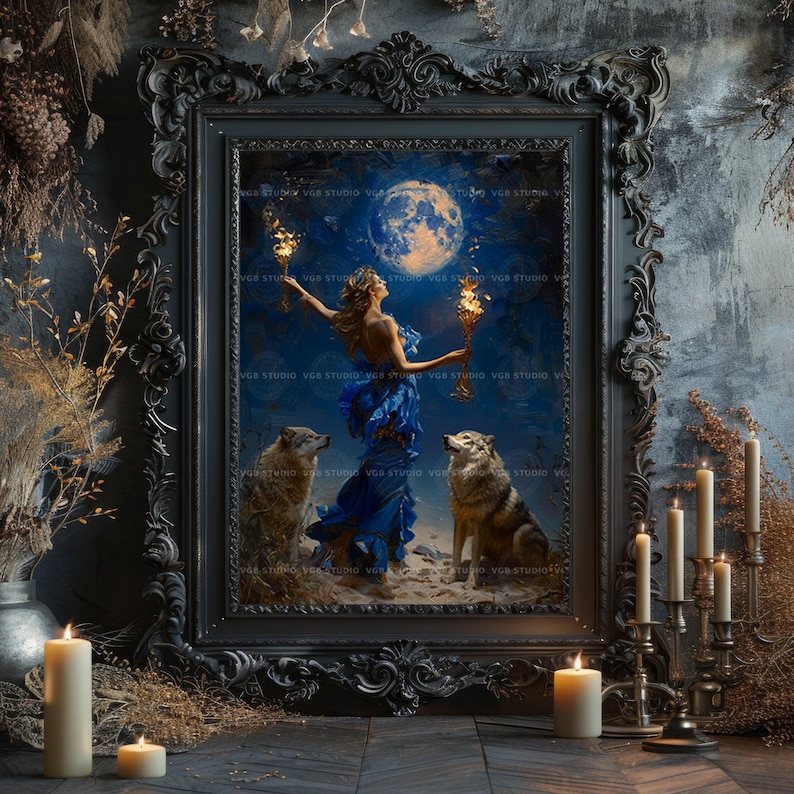 Hecate Art Print Moon Goddess Decor Witch With Wolves Pagan Wall Art ...
