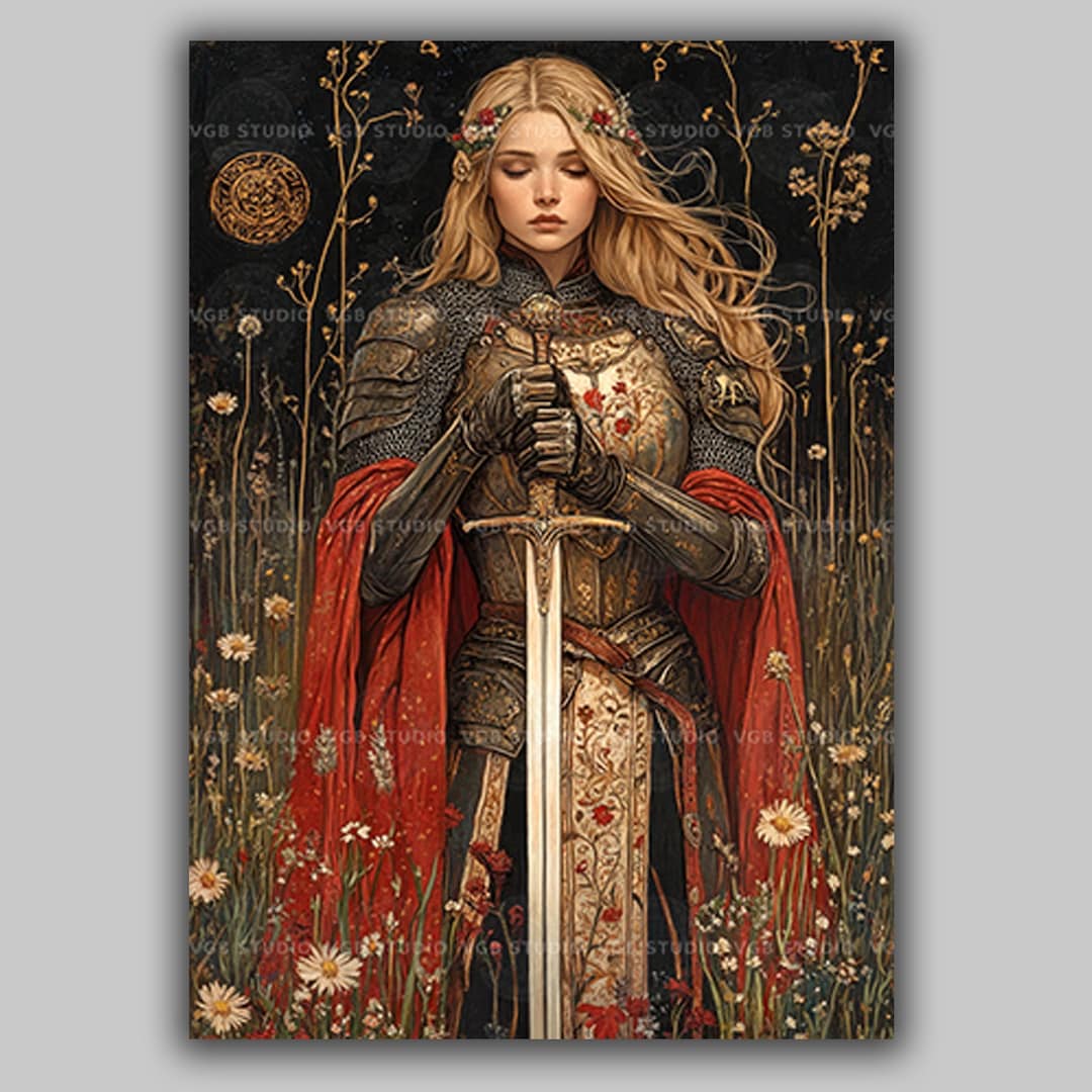 Female Knight Art Print Medieval Warrior Woman With Sword Floral Armor ...