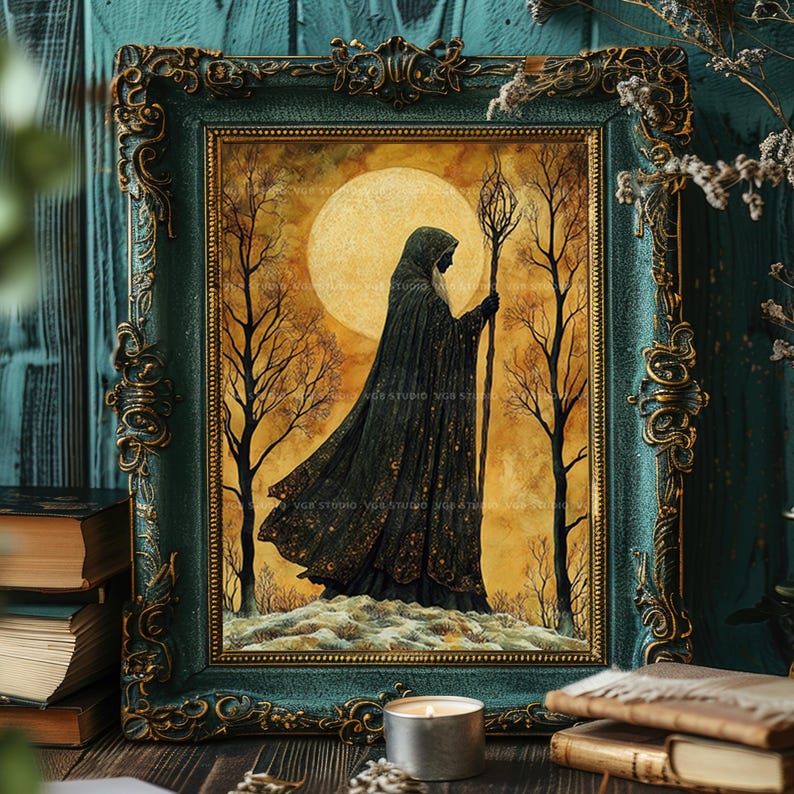 Cailleach Art Print | Celtic Winter Goddess Staff Snow Moon Trees ...