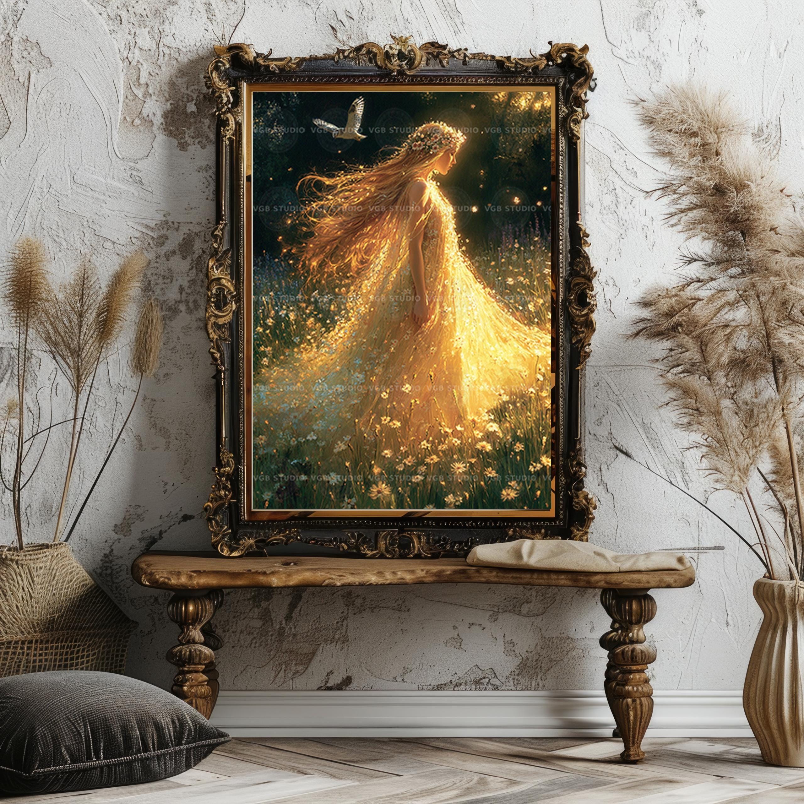 Blodeuwedd Welsh Goddess Art Print Flower Woman Owl Painting Golden ...