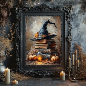 Witch Hat and Spellbook Art Print Gothic Fall Decor & Pumpkins Glowing ...
